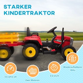 HOMCOM Elektrický tahač Dětské elektrické auto s přívěsem, dálkové ovládání, MP3, světlomety, 3-6KM/H, červené| Aosom