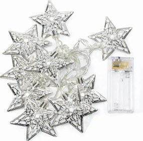 LED světýlka na baterie, 1,3 m, kovové hvězdy, ledově bílá, 10 diod, čirý kabel, IP20 interiér, 2× AA