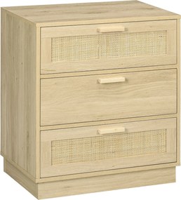 HOMCOM Noční stolek s 3 zásuvkami z ratanového pletiva, dřevěný komoda pro ložnici, obývací pokoj, bohémský styl 60x38x69 cm | Aosom