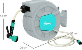 Zavlažovací cívka Outsunny s hadicí 25 m, 180° otočný box, montáž na zeď, automatické navíjení hadice, sprcha se 7 funkcemi, Zelená+Šedá