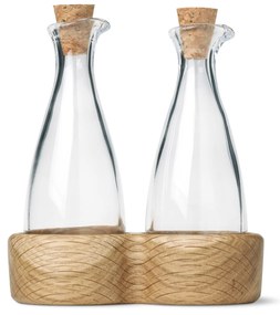 Kay Bojesen Denmark Skleněné lahvičky na olej a ocet Menageri, čirá barva, přírodní barva, sklo, dřevo