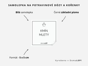 KMÍN MLETÝ - omyvatelná samolepka na kořenky, výběr rozměrů Ø 5 cm / 5 x 5 cm / 6 x 8 cm | DomaLEP tvar: OBDÉLNÍK, barva: BÍLÁ - ČERNÉ písmo, velikost: š. 6 cm x v. 8 cm - tučné písmo