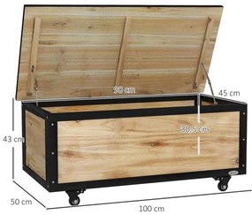 PEPU Zahradní úložný box 121 litrů 2 kolečka odolný vůči povětrnostním vlivům kovový rám přírodní dřevo 100x50x43cm