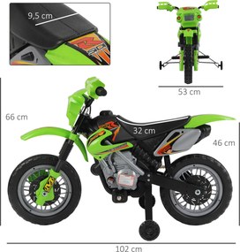 HOMCOM Dětská elektrická motorka, krosová motorka pro děti s 6V akumulátorem, světlomety, hudba a pomocná kolečka, 3 až 6 let, nosnost 25KG, zelená a…