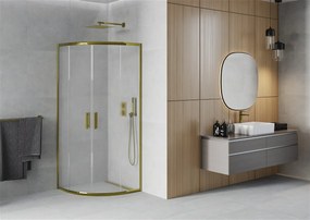 Mexen Rio, čtvrtkruhový sprchový kout 90(dveře)x90(dveře)x190 cm, 5mm sklo námraza, zlatý profil, 863-090-090-50-30