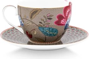 Pip Studio Blooming Tales cappuccino šálek s podšálkem 270ml, khaki (Stylový cappuccino šálek s podšálkem)