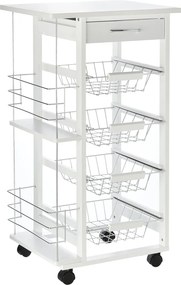 HOMCOM Kuchyňský vozík na kolečkách - Víceúčelový vozík se zásuvkou, 4 odnímatelné kovové košíky a boční regály, 47x37x83 cm, bílý | Aosom