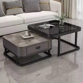 LuxuryForm DESIGN Konferenční stolek ARAGON 70 × 70 / 60 × 60 cm – šedý / šedý mramor + sklo (set 2 ks)