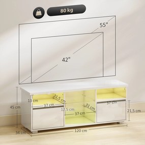 HOMCOM TV skříň 120 cm, TV stojan pro televize až do 55 palců s LED osvětlením a dálkovým ovládáním, bílé skleněné police