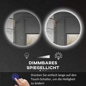 kleankin koupelnové zrcadlo, LED, měnící barvy, proti mlhám, dotykový spínač, IP44, Ø 60 cm, bílá