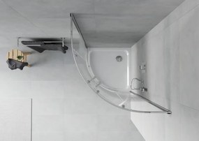 Mexen Rio, čtvrtkruhový sprchový kout s posuvnými dveřmi 90 x 90 cm, 5mm čiré sklo-pásky, chromový profil + bílá sprchová vanička, 863-090-090-01-20-4110