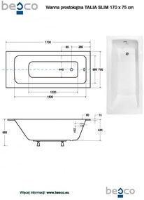 BESCO Obdélníková vana TALIA SLIM Nožičky k vaně - S nožičkami, Rozměr vany - 170 × 75 cm VANTAL17SLIM+OLVPINOZ