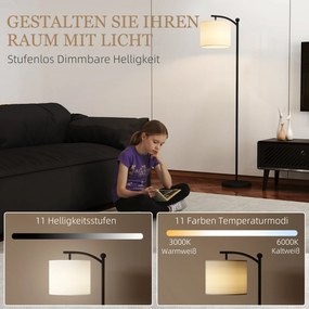 HOMCOM Stojací lampa, nastavitelné možnosti osvětlení, nožní spínač, dálkové ovládání, kov, černá