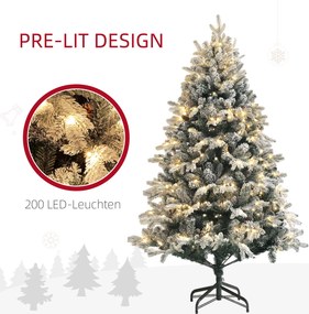 HOMCOM Umělý vánoční stromek, 180 cm, LED světla, pokrytý sněhem, nehořlavý, kov