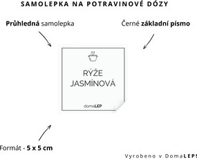 RÝŽE JASMÍNOVÁ - omyvatelná samolepka na dózu, výběr rozměrů Ø 5 cm / 5 x 5 cm / 6 x 8 cm | DomaLEP tvar: ČTVEREC, barva: PRŮHLEDNÁ - ČERNÉ písmo, velikost: š. 5 cm x v. 5 cm - základní písmo