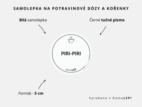 PIRI-PIRI - omyvatelná samolepka na kořenky, výběr rozměrů Ø 5 cm / 5 x 5 cm / 6 x 8 cm | DomaLEP tvar: KOLEČKO, barva: BÍLÁ - ČERNÉ písmo, velikost: Ø 5 cm - tučné písmo