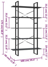vidaXL Marketos Knihovna s 5 policemi šedá 100 x 30 x 175 cm borové dřevo