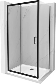 Mexen APIA, sprchový kout s posuvnými dveřmi 140 (dveře) x 90 (stěna) cm, 5mm čiré sklo, černý profil + bílá sprchová vanička, 840-140-090-70-00-4010B