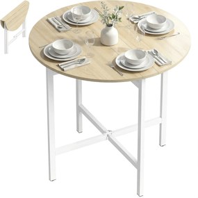 HOMCOM skládací kulatý jídelní stůl pro 2–4 osoby, úspora místa, sklopné desky, ocelový rám, dekor dřeva/bílá, 80 x 76 cm