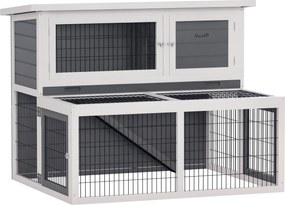 PawHut Kotec pro králíky 2 patra se skládací střechou, dřevěná králičí klec, zimní dvoupodlažní dům s výběhem 122x95x93,5 cm, venkovní úkryt pro malé…