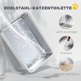 PawHut XL krytá kočičí toaleta z nerezové oceli s lopatkou a osvěžovačem – světle šedá