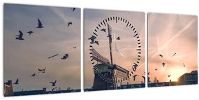 Obraz větrného mlýna (s hodinami) (90x30 cm)