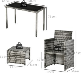 Outsunny polyratanová sedací souprava pro 4 osoby, jídelní set zahradní souprava s polštáři, šedá, odolná proti povětrnostním vlivům a stylová pro za…