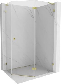 Mexen Lunar, L pravý výklopný pětiúhelníkový sprchový kout 90 x 80 cm, 8mm čiré sklo, zlatý profil, 831L-090P-080L-50-00-P
