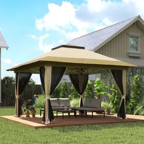 Outsunny skládací altán 3,6x3,6 m s síťovanými bočními stěnami, UPF50+, nastavitelná výška, rolovací taška a pytle s pískem, béžová