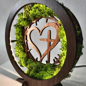 Dřevěná LED lampa s mechem - Srdce a Kříž I SENTOP LED0582