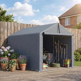 Outsunny 1,62 × 2,22 m voděodolný zahradní úložný stan s rolovacími zipovými dveřmi, sedlová střecha, ocelový rám, UV-odolný — tmavě šedý