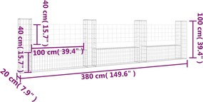Gabionový koš ve tvaru U se 4 sloupky železo 380 x 20 x 100 cm 151277