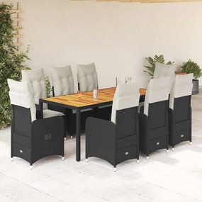 9dílný zahradní bistro set s poduškami černý polyratan 3276983
