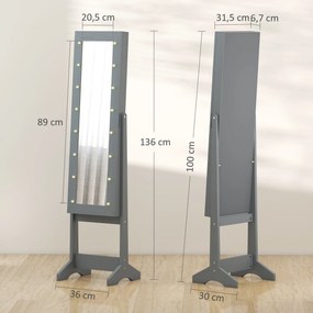 HOMCOM Šperkové zrcadlo s LED – stojací skříňka, nastavitelný celozrcadlový stojan, šedá