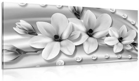Obraz luxusní magnolie s perlami v černobílém provedení - 120x60