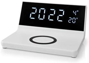 Nedis WCACQ20WT - Budík s LCD displejem a bezdrátovou nabíječkou 15W/5V bílá