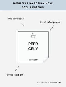 Samolepka na kořenky PEPŘ CELÝ bílá 5 × 5 cm tučné písmo