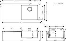 Hansgrohe - Nerezový dřez 1045x510mm s odkládací plochou vlevo a 1 otvorem pro baterii, nerezová ocel 43307800