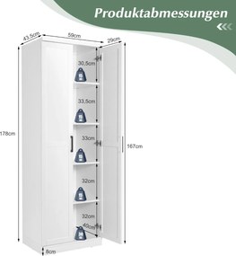 Costway 178 cm 5patrová vysoká skříň se 2 dveřmi a nastavitelnými policemi
