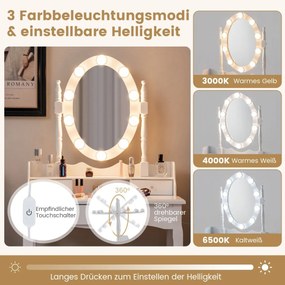 Costway Toaletní stolek s LED osvětlením s nastavitelným jasem se 3 zásuvkami
