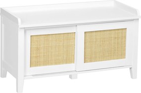 HOMCOM Botník se Sedadlem, Botový Kabinet se Sedací Ploché 2 Ratanové Dveře, Bohemian Styl, Nosnost 130 kg, pro Předsíň, 80x35x45 cm Bílá a Přírodní