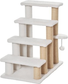 PawHut Kočičí schody 4-krokové se škrabadlem a míčkem pro psy, schody pro kočky do 5 kg, plyš a juta, bílá 60 x 40 x 64 cm | Aosom