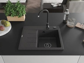 Mexen Ben, 1-komorový granitový dřez 600x500x190 mm, pravý + černý sifon, černá skvrnitá, 6523605000-76-B