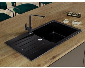 Sink Quality Natalie, kuchyňský granitový dřez 770x450x170 mm + černý sifon, černá, SKQ-NAT.C.1KDO.XB