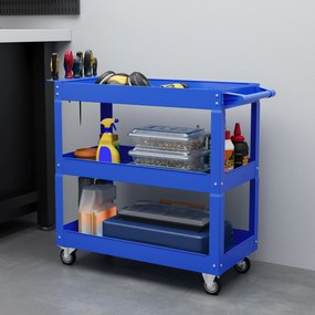 DURHAND Vozík na nářadí s kolečky, ocelový pracovní vozík se 3 policemi a bočním madlem pro domácí mechaniky, nosnost 150 kg, 83x35,3x76 cm, modrý