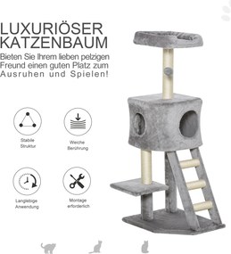 Škrabadlo PawHut stabilní s jeskyní a žebříkem 60 x 48 x 122 cm pro malé kočky ze sisalu ve světle šedé barvě | Aosom.de