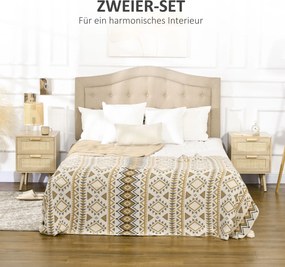 HOMCOM Set 2 Nočních Stolků, Boční Stoly, 2 Zásuvky s Ratanovými Předními Stranami, Boho Styl, Noční Stolky, Nohy z Přírodního Borového Dřeva