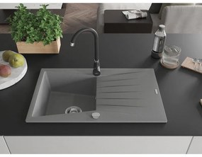 Mexen Cesar, granitový dřez 775x470x190 mm, 1-komorový, šedá s chromovým sifonem a černá dřezová baterie Telma, 6514-71-670200-70