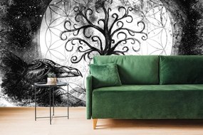 Tapeta magický strom života v černobílém provedení - 300x200 cm
