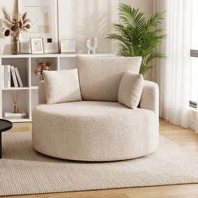 HOMCOM kulatý chenilkový sedací puf, velká sedací plocha, 2 polštáře, 1 opěrný polštář, 1 polštář na krk, nosnost 250 kg, 130x130x82 cm, krémová